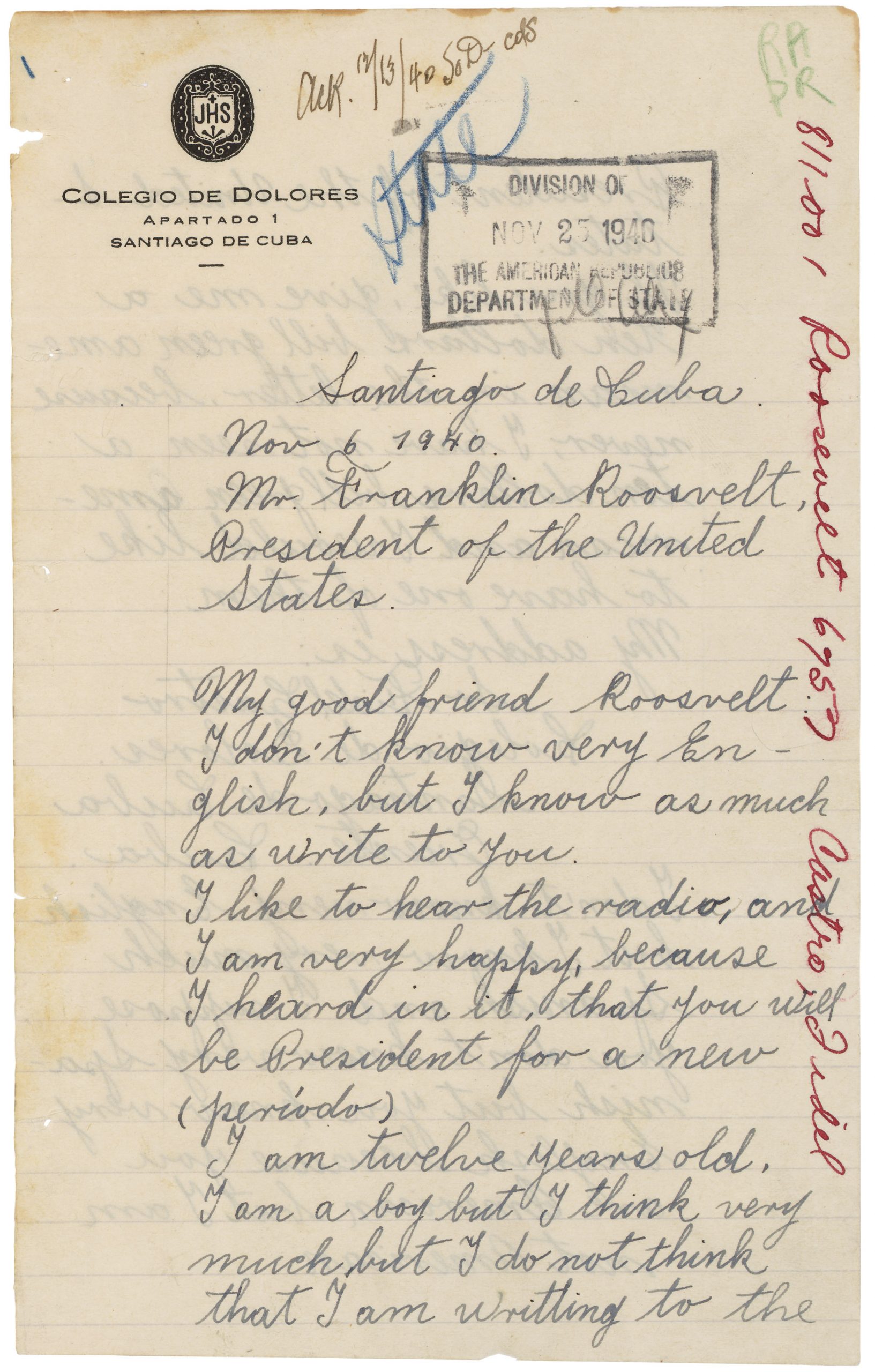 Letter from Fidel Castro to FDR, 1940, pg100968_2003_001 – Pieces of ...